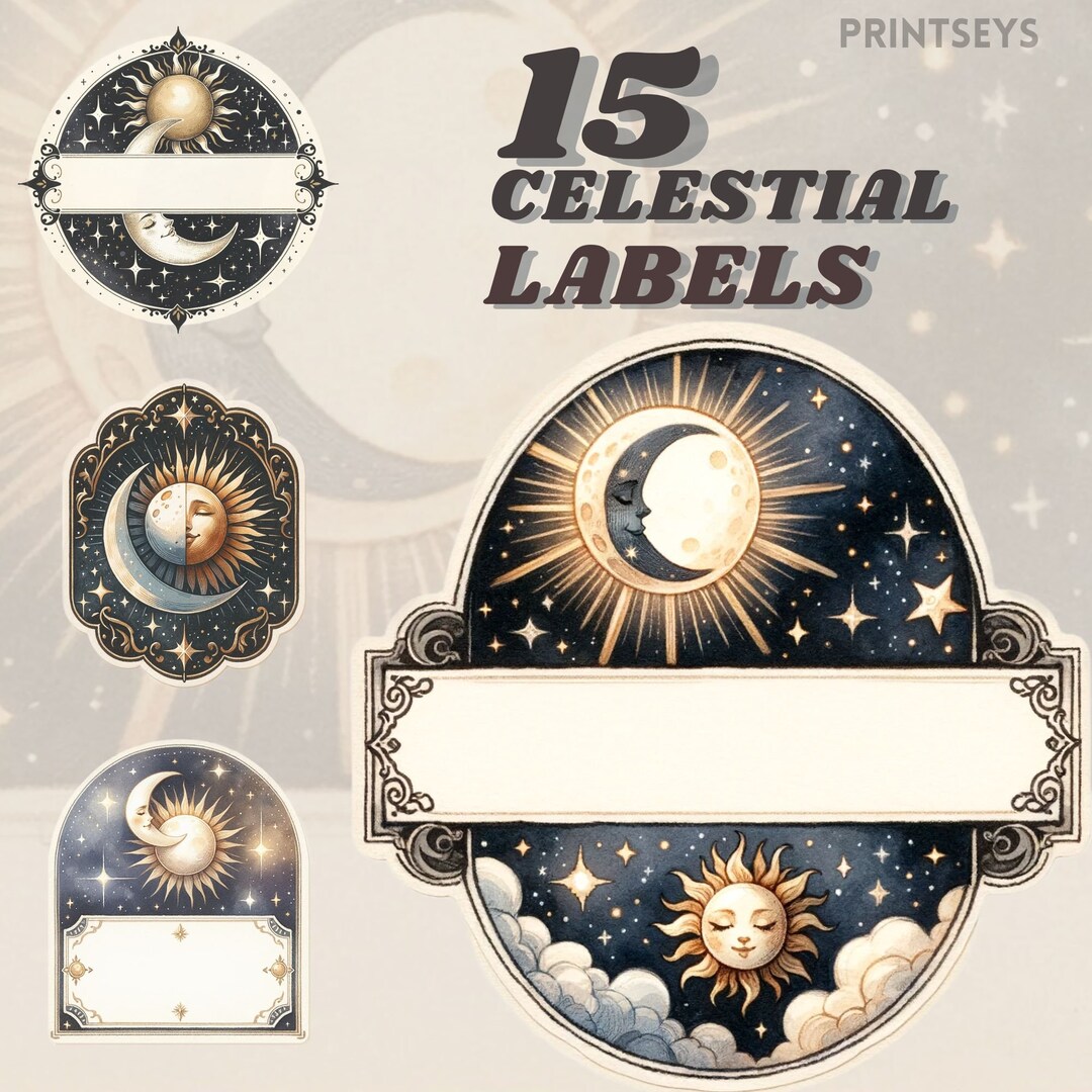 Watercolour Celestial Vintage Moon Label Clipart Bundle, Gold and Black ...