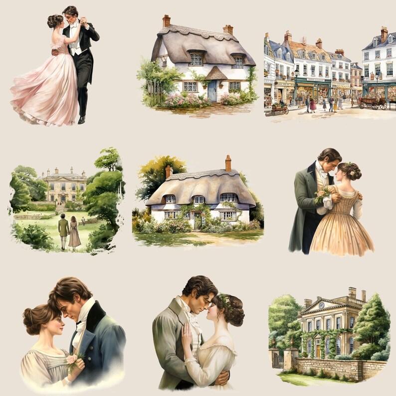 Watercolour Vintage Romance Clipart Bundle, Regency Clipart, Pride and ...