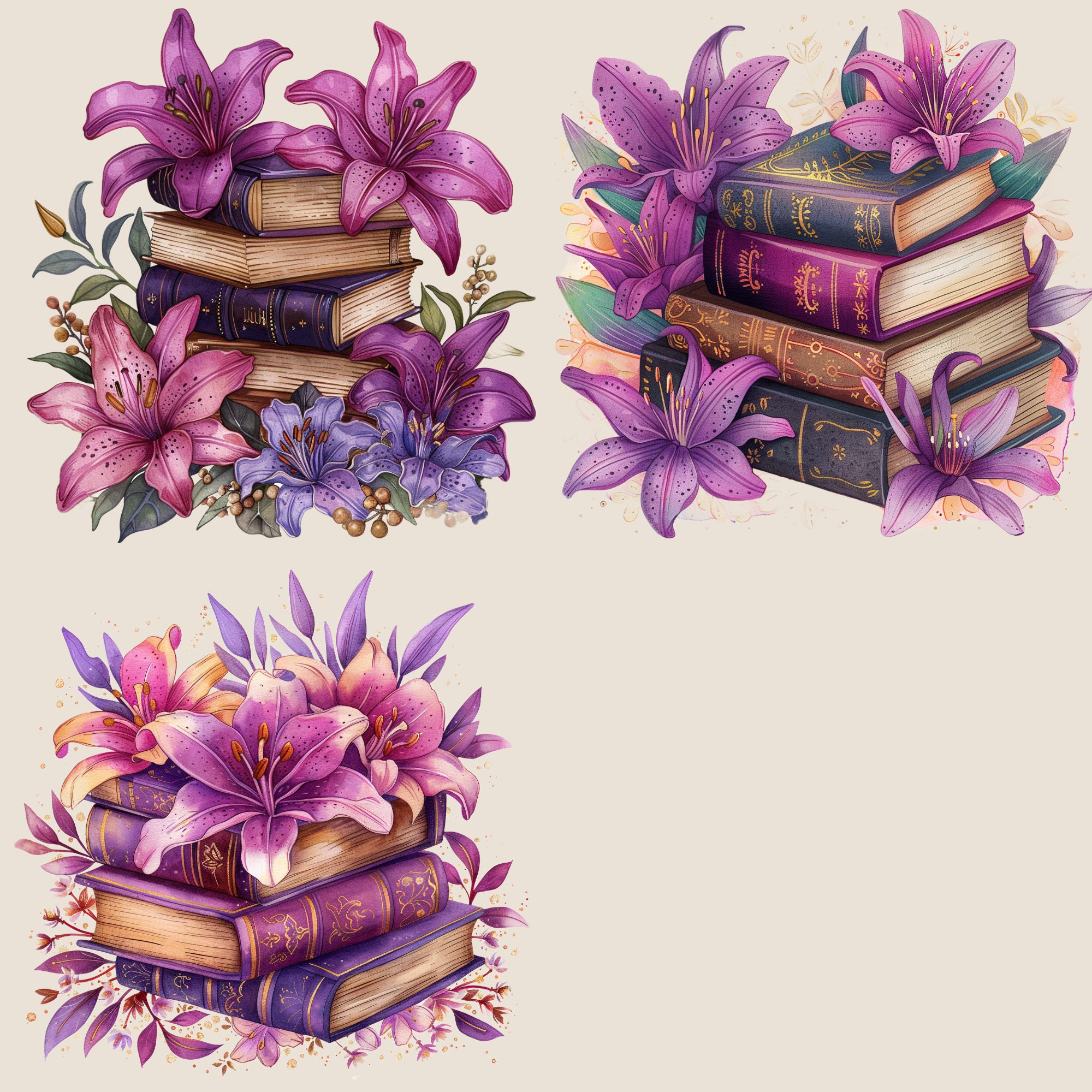 Purple Lily Pile of Books Clipart Bundle, Digital Stickers,reading Png ...