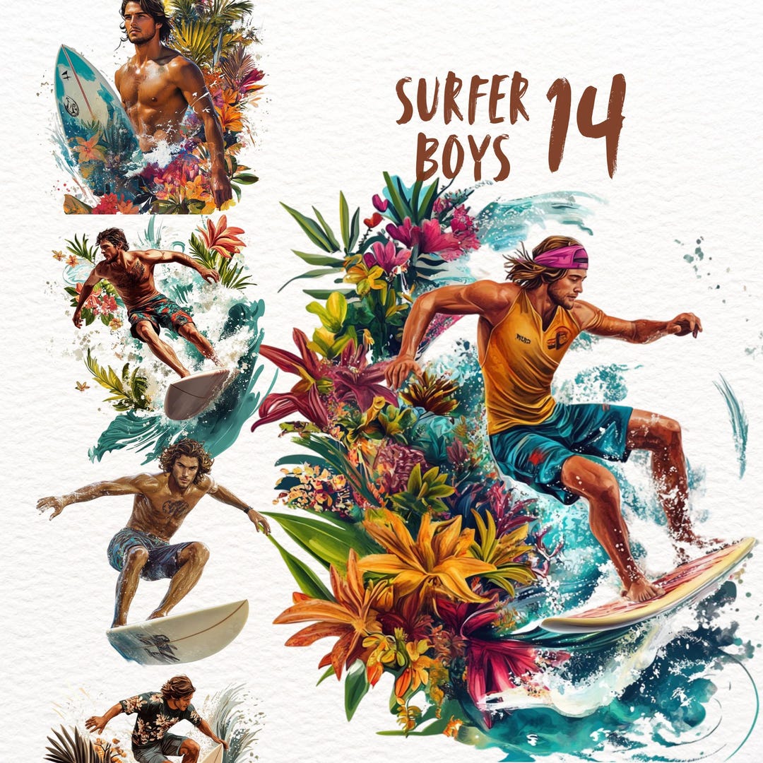 Surfer Boy Clipart Bundle Summer Vacation Sticker Set Floral Surfing ...