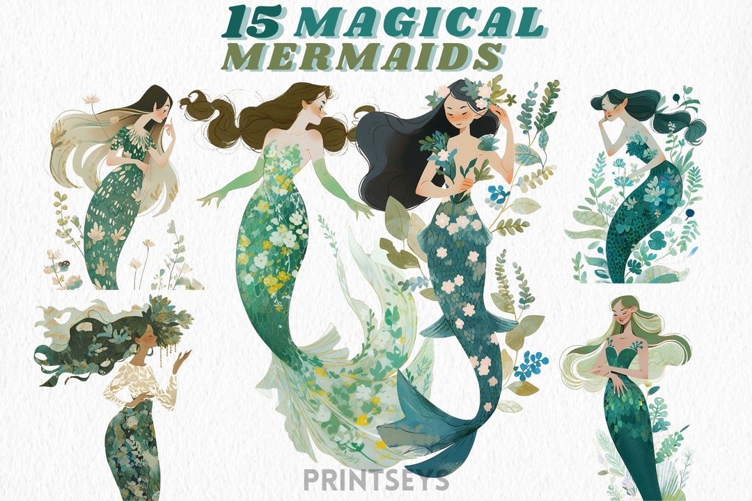 Best Folk Art Mermaid Clipart Bundle, Magical Cute Mermaids, Instant ...