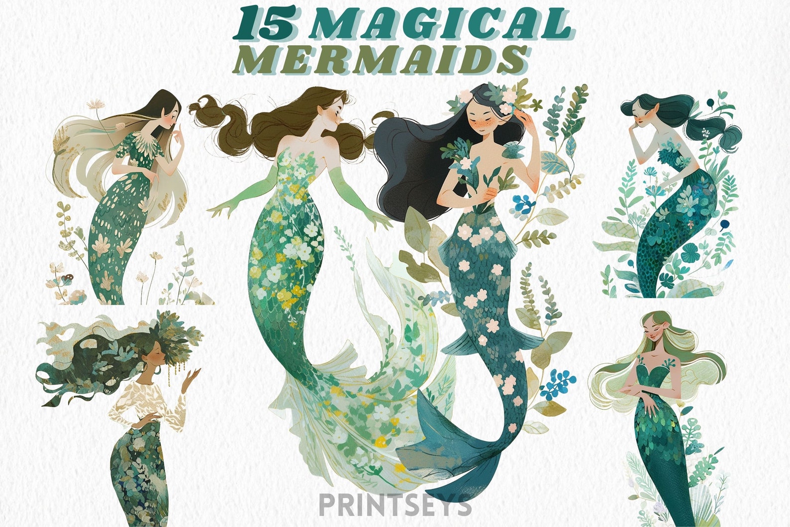 Best Folk Art Mermaid Clipart Bundle, Magical Cute Mermaids, Instant ...