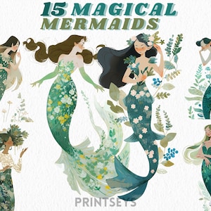 Best Folk Art Mermaid Clipart Bundle, Magical Cute Mermaids, Instant ...