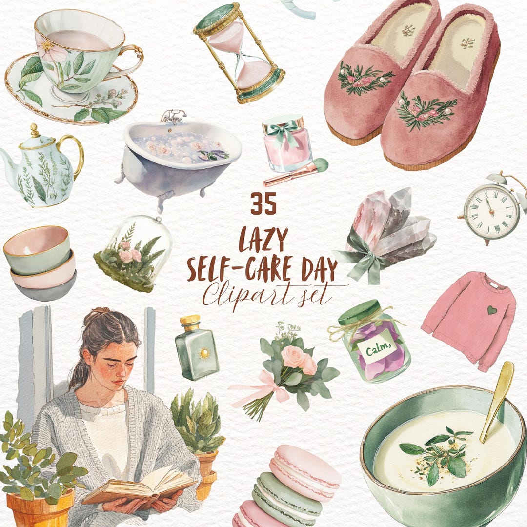 Self-care Aesthetic Stickers Cozy Lazy Day, Dusty Rose & Sage Green ...