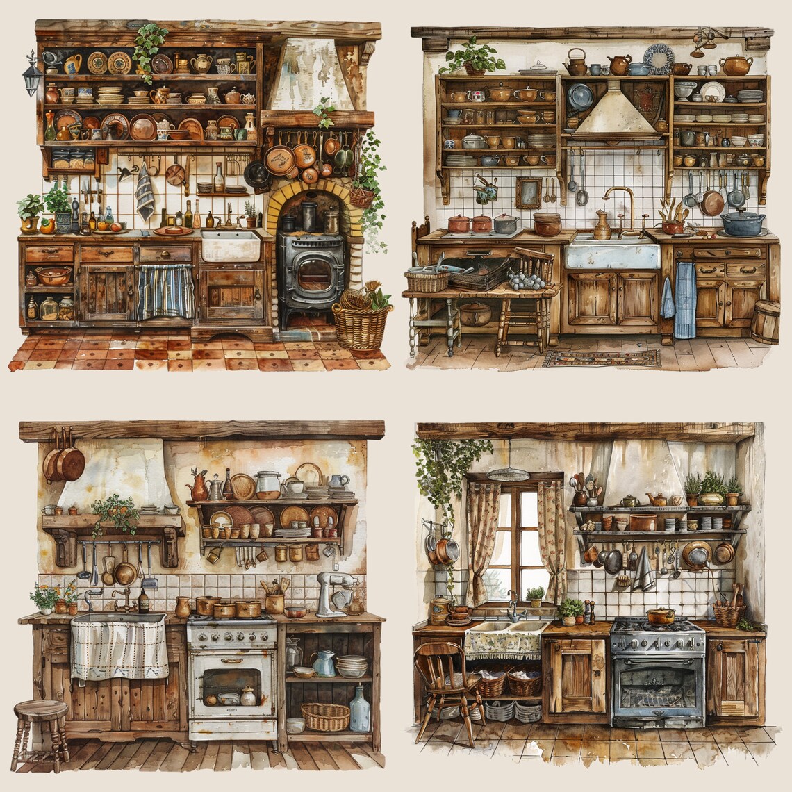 Watercolour Rustic Cozy Cottagecore Kitchen Clipart Bundle, Cozy ...