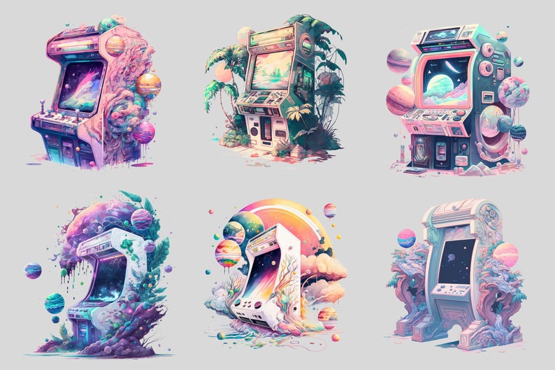 Watercolour Vintage Arcade Machine Clipart Bundle Pastel Neon - Etsy