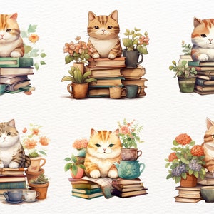 Watercolour Kawaii Cat Librarian Clipart Bundle, Cute Cats Png, Book ...
