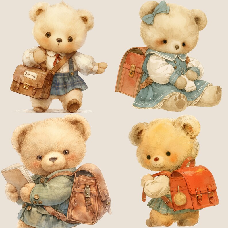 Cute Teddy Goes to School Digital Sticker, Vintage Clipart Bundle ...