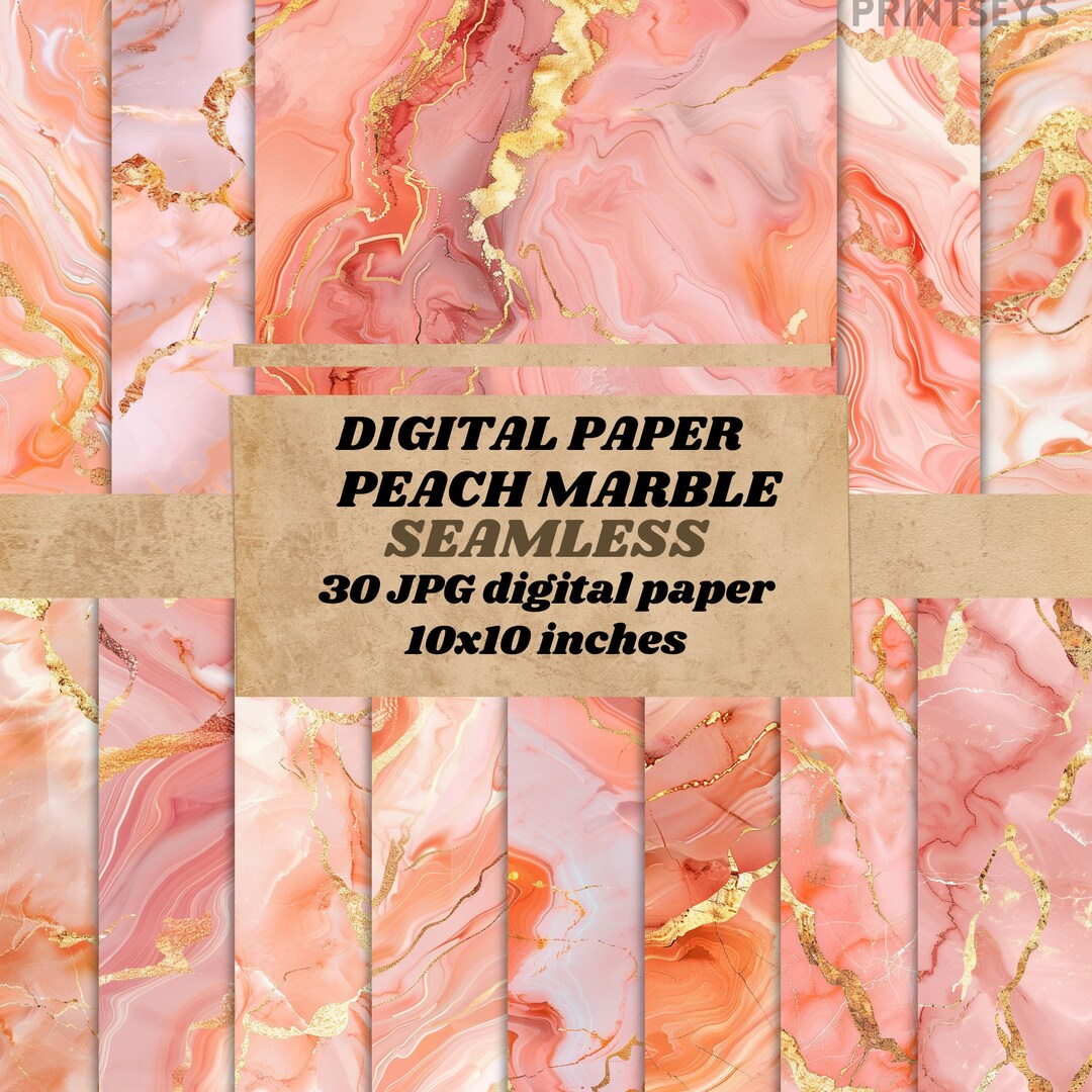 Peach and Gold Marble Pattern Digital Papers, Seamless Marble Textures ...
