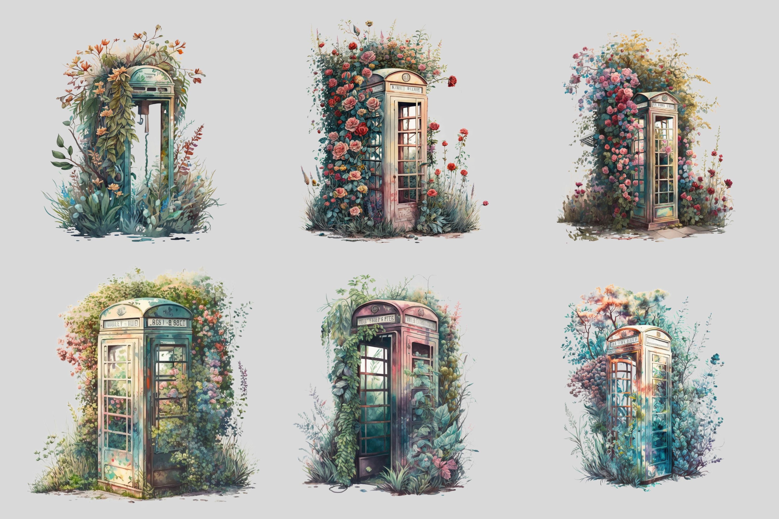 Watercolour Overgrown Old Phonebooth Clipart Bundle, Nature, Vintage ...