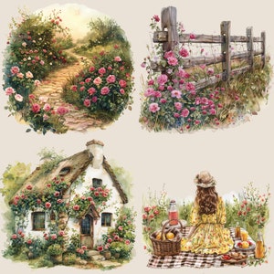 Watercolour Wild Rose Cottage Sticker Bundle, Floral Clipart, Wild Rose ...