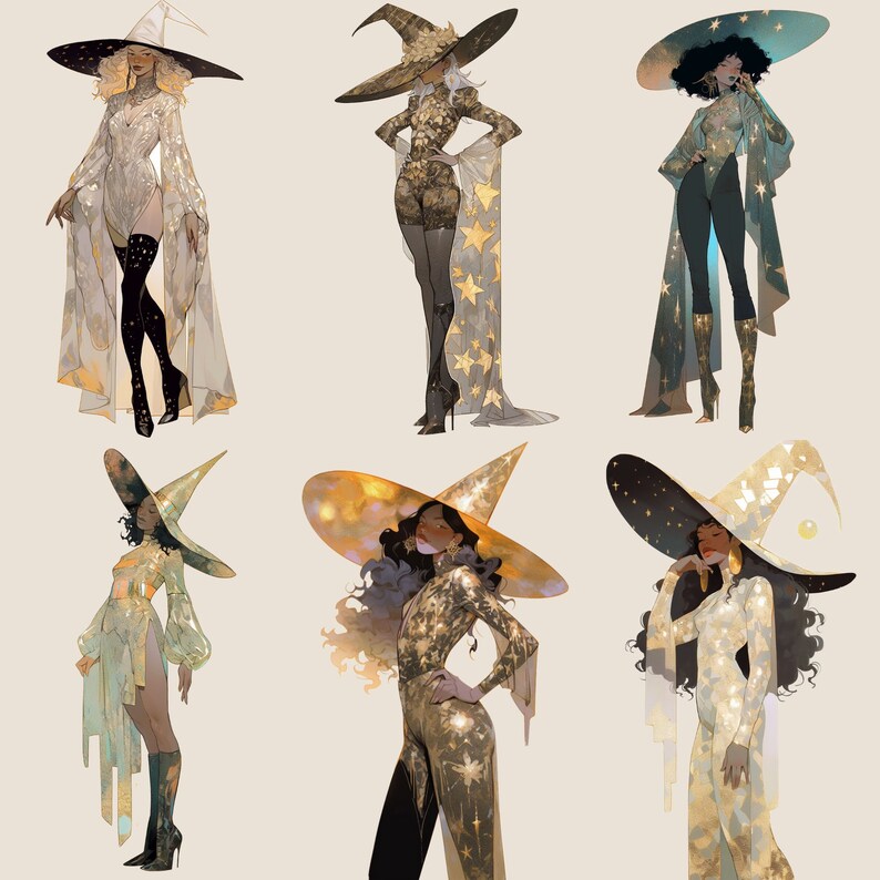 Stunning Gold Stardust Witch Clipart Bundle, Femme Fatale Png, Dark ...