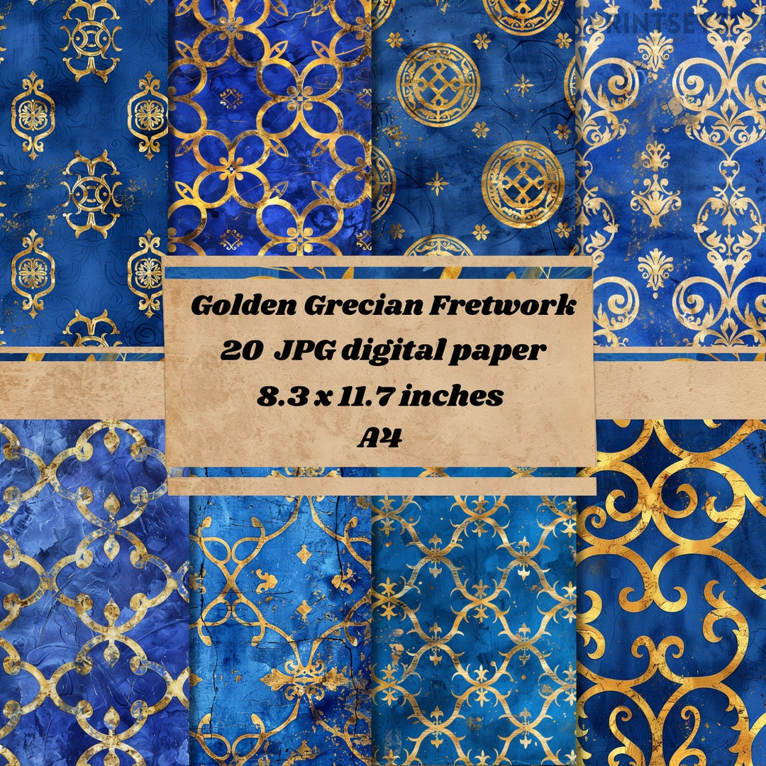 Golden Grecian Fretwork Digital Paper, Greek Travel Vintage Textured ...