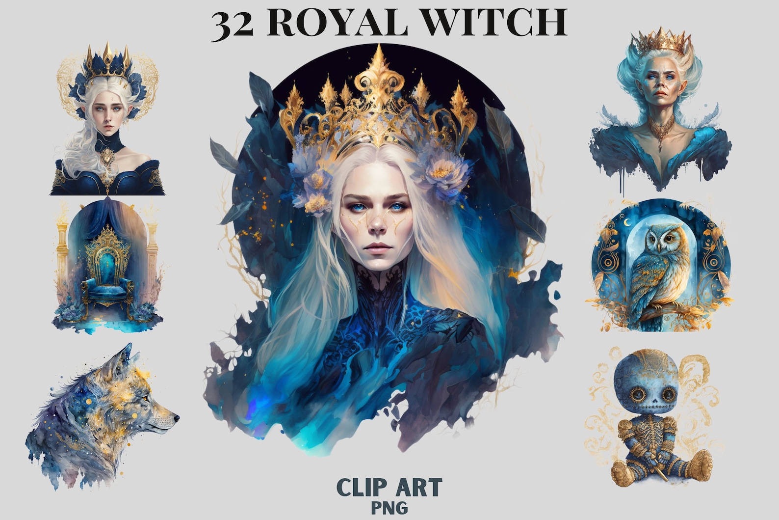 Blue Royal Witch Clipart Bundle, Witch Clip Art Png, Magic Clip Art ...