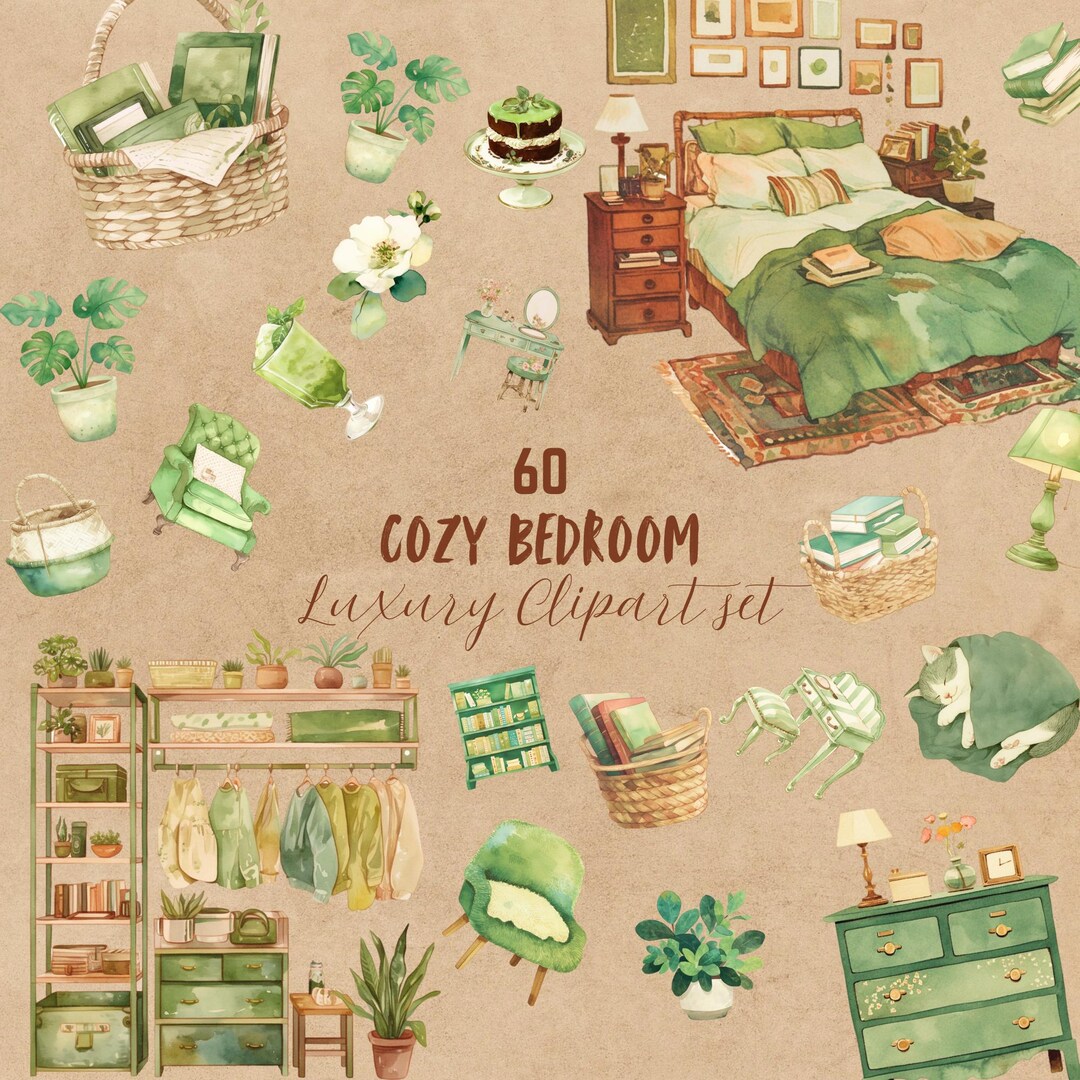 Cozy Bedroom Digital Sticker Bundle, Watercolour Organization Clipart ...