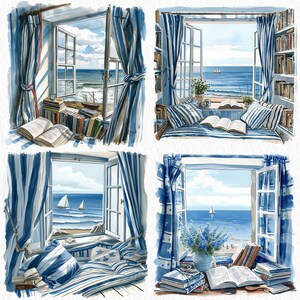 Watercolour Cozy Seaside Reading Nook by the Window, Clipart Bundle ...