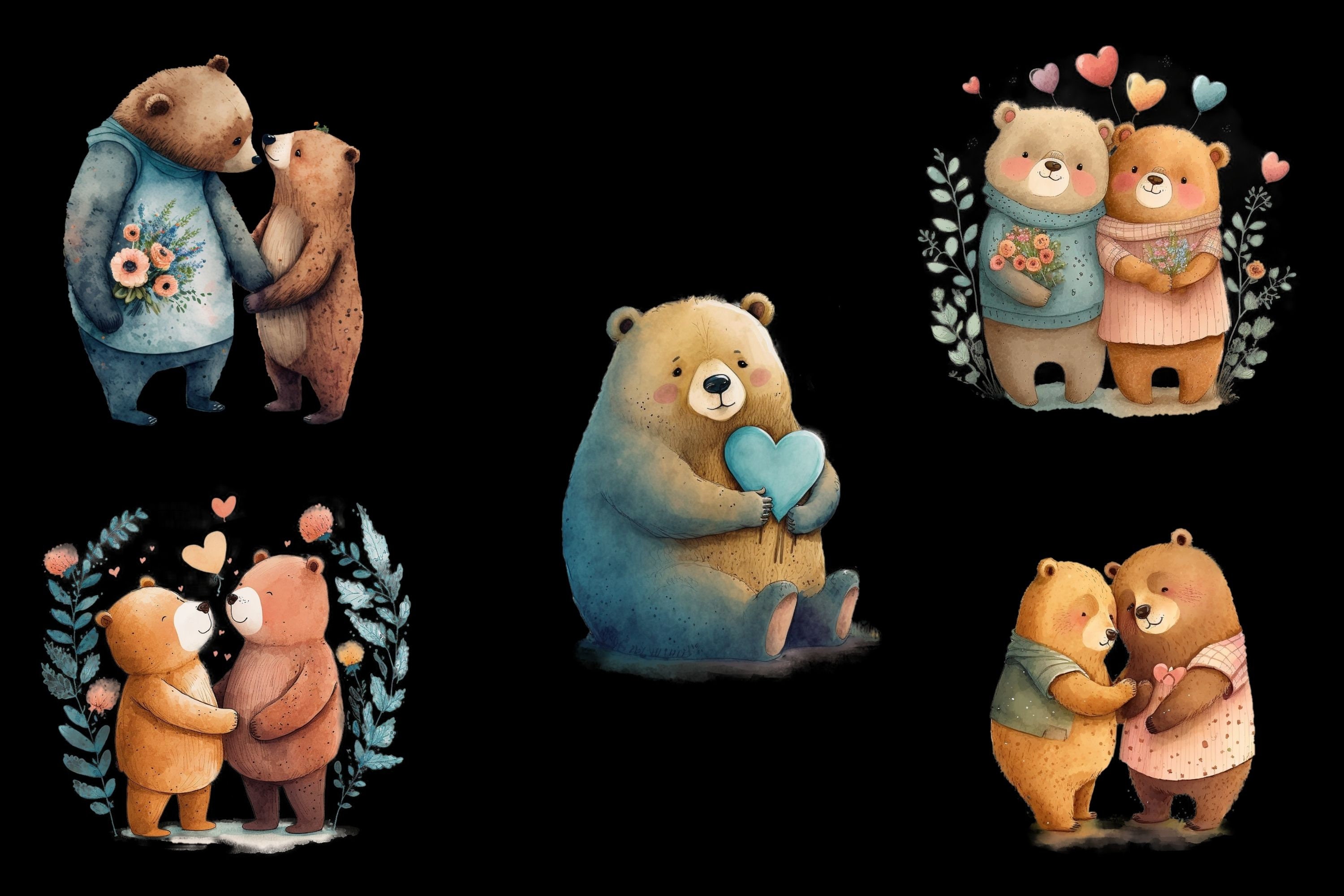 Watercolour Valentines Day Love Bears Clipart Valentine Png - Etsy