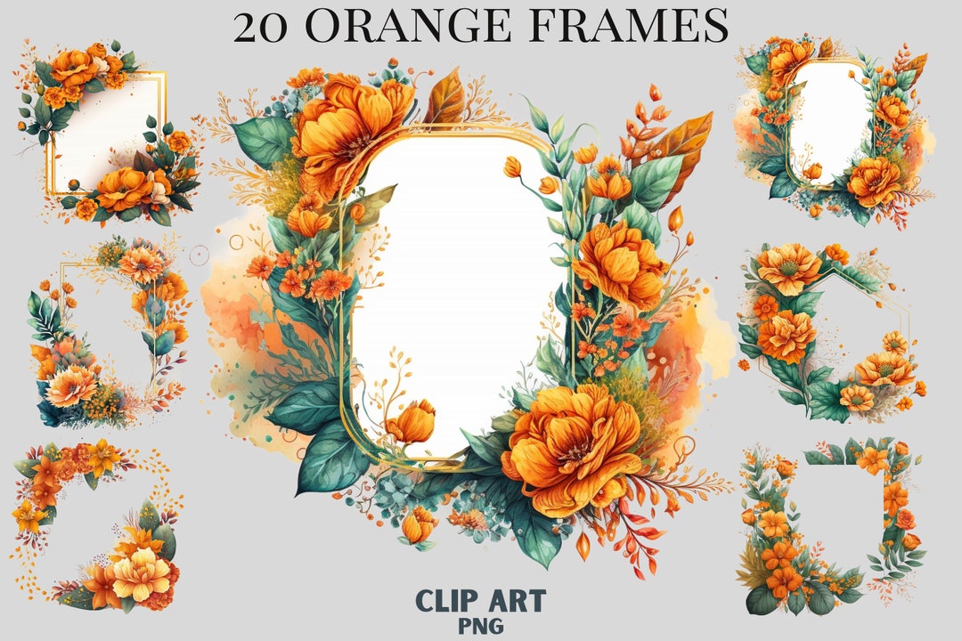 Watercolour Orange Flower Frames Clipart Bundle, Italy Clipart, Vintage ...