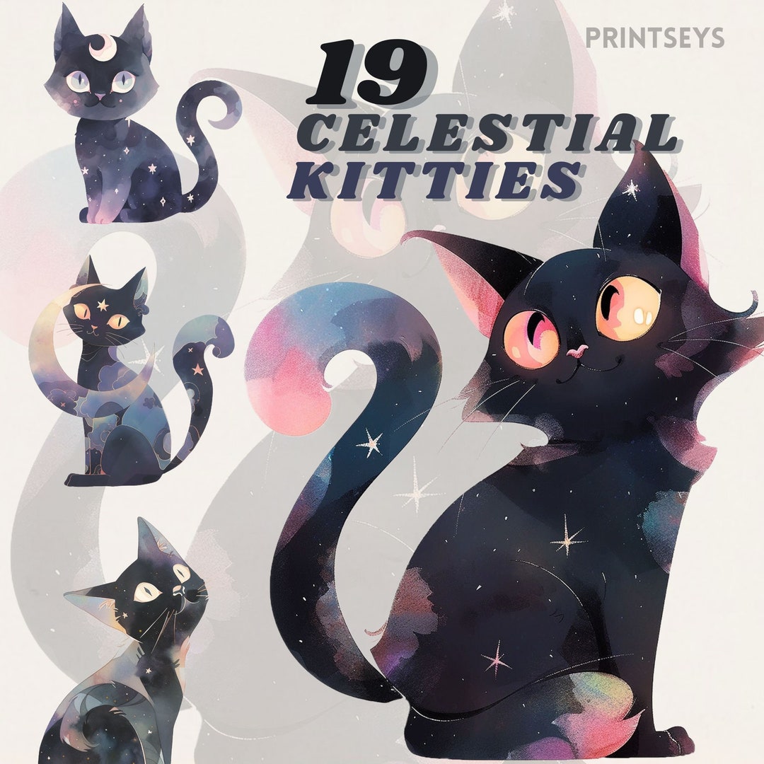 Celestial Black Cat Clipart Bundle, Cat Png, Magic Clip Art, Mystical Clipart, Witchcraft Png ...