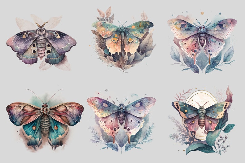 Watercolour Mystical Pastel Moth Clipart Bundle, Wiccan Png, Moth Png ...