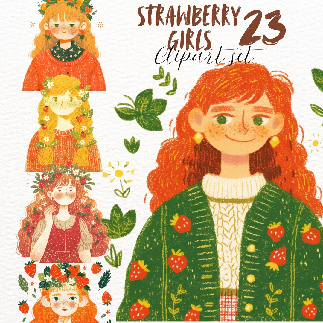 Vintage Strawberry Girls Clipart Set, Goodnotes Bookish Sticker Bundle ...