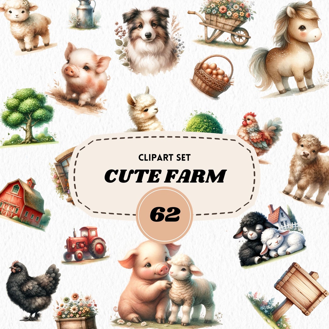 Cute Farm Clipart, Farm Animals Watercolor Digital Clipart, Farm ...
