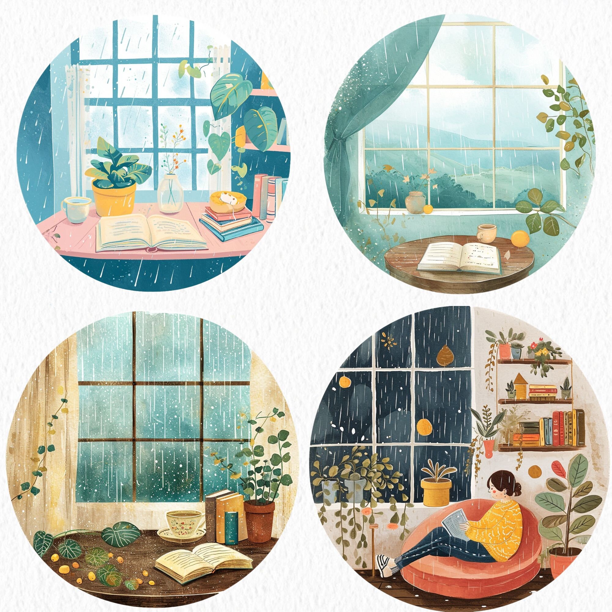 Round Cozy Rainy Reading Nook Digital Sticker Bundle, Bookworm Clipart ...