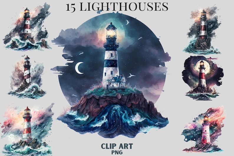 Watercolour Lighthouses Clipart Bundle, Vintage Lighthouses, Storm, Sea ...