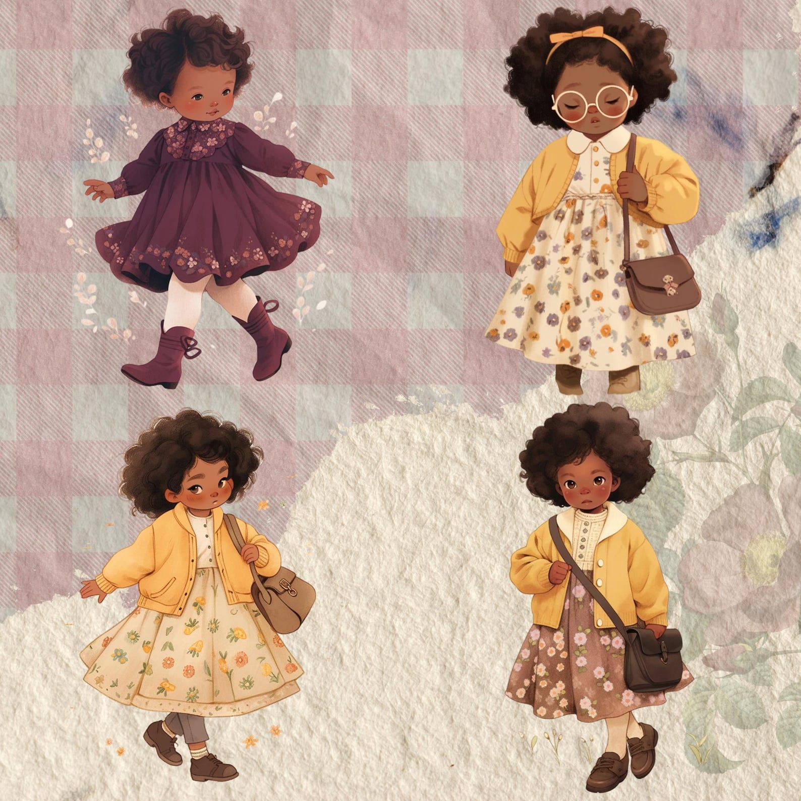 Cute Cottagecore Toddler Kid Fashion Outfit Clipart Bundle, Vintage ...