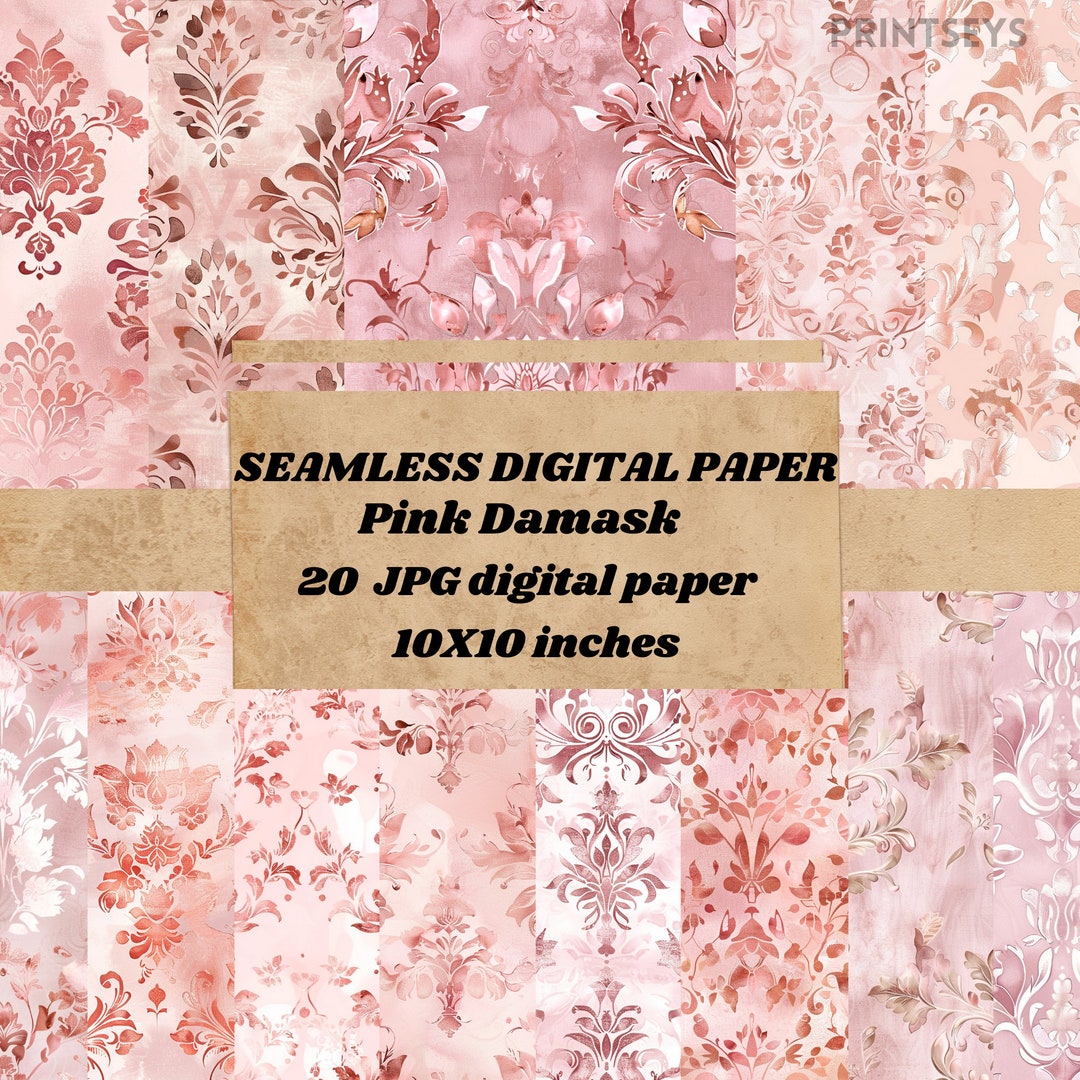 Pink Colour Damask Digital Paper, Rustic Vintage Textured Paper ...