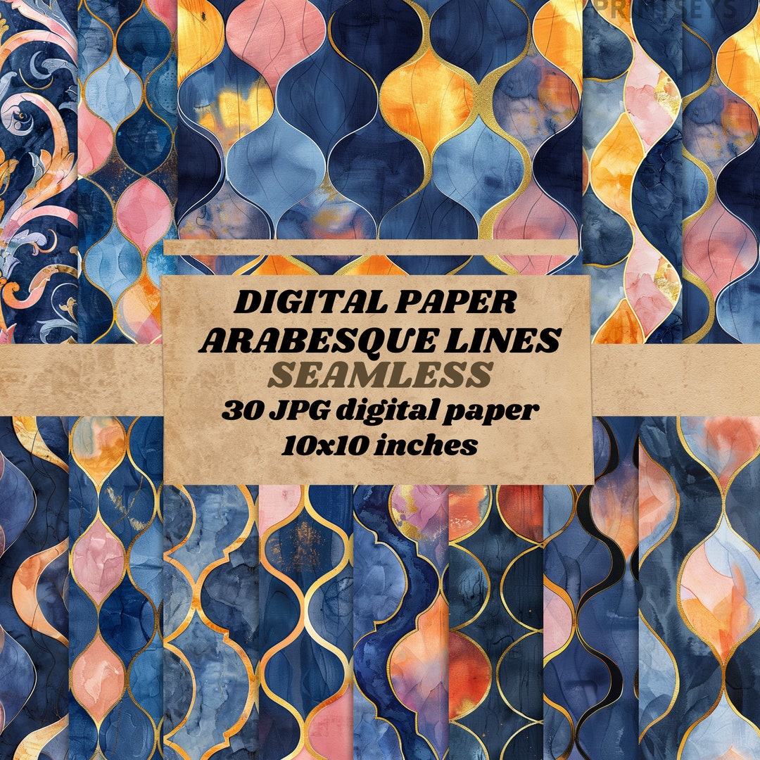 Blue and Gold Arabesque Lines Digital Papers, Maroon Luxury Seamless ...
