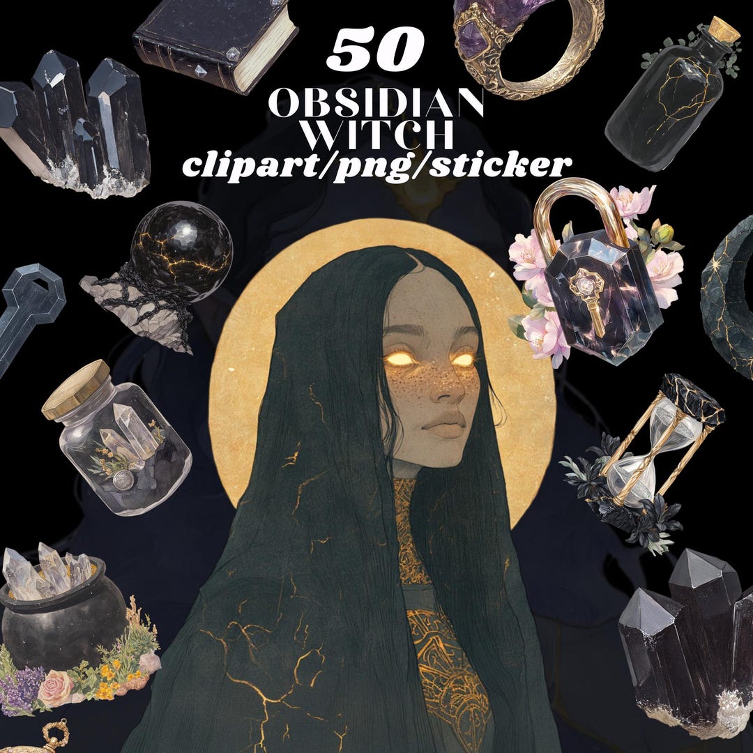 Obsidian Witch Clipart Bundle Crystal Wicca Sticker Set Magical ...