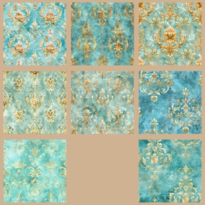 Blue and Gold Damask Digital Paper, Vintage Textured Paper, Scrapbook ...