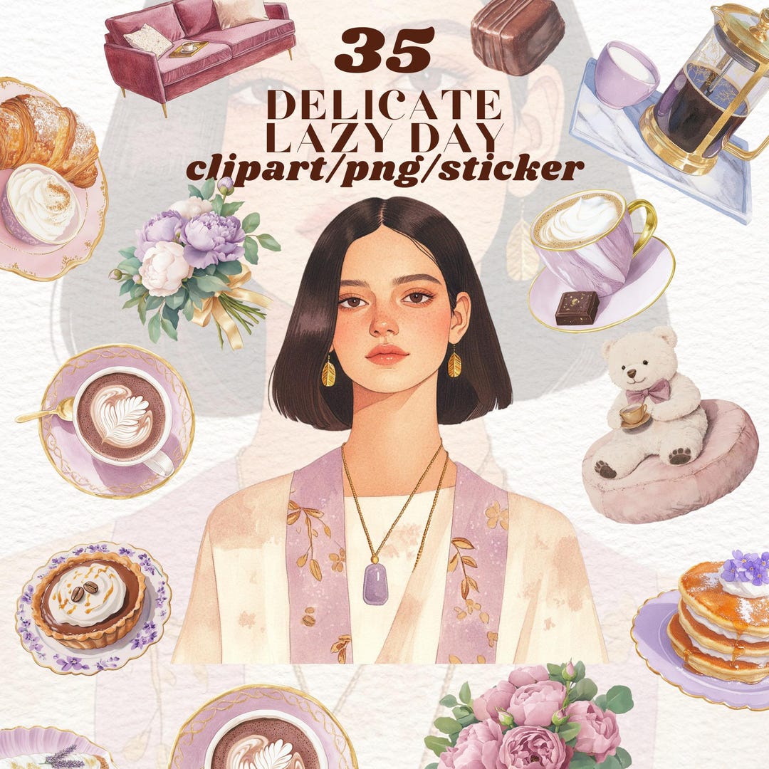 Delicate Lazy Clipart Bundle Lazy Day Sticker Set Self Care Goodnote Stickers Transparent Png ...