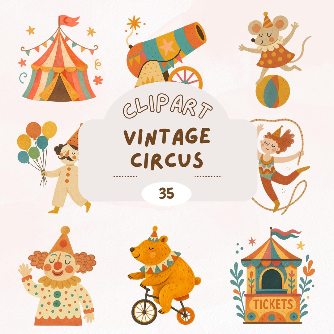 Vintage Circus Clipart Bundle, Boho Bold Coloured Png, AI Clipart Set ...