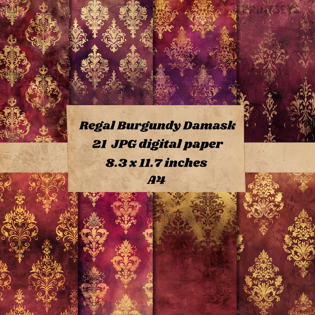 Distressed Burgundy Damask Digital Paper, Rustic Vintage Textured Paper ...