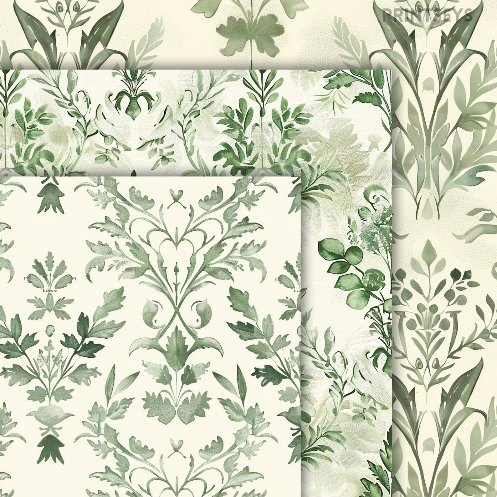 White and Green Damask Digital Paper, Vintage Textured Paper, Scrapbook ...