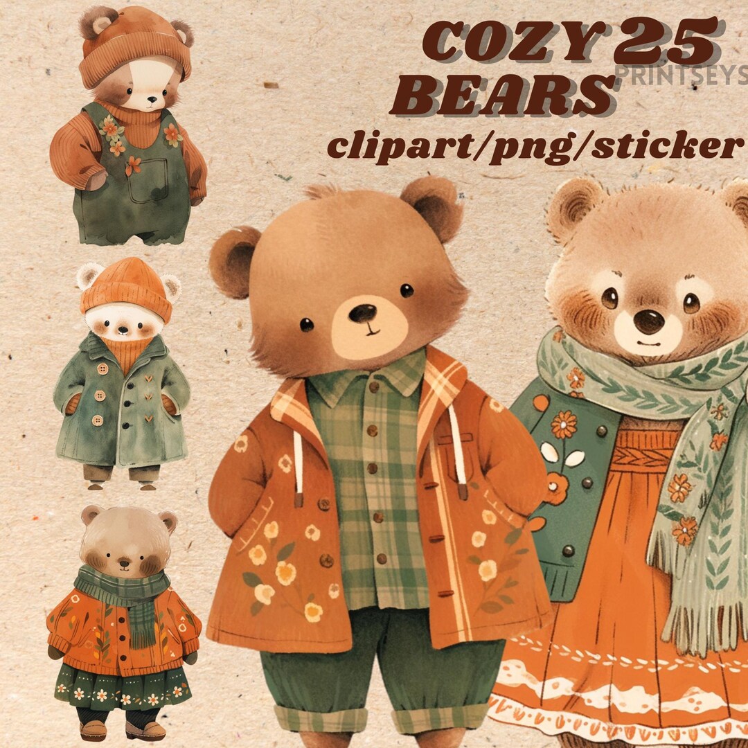 Watercolour Cozy Cold Weather Bear Clipart Bundle, Cottagecore, Cozy ...