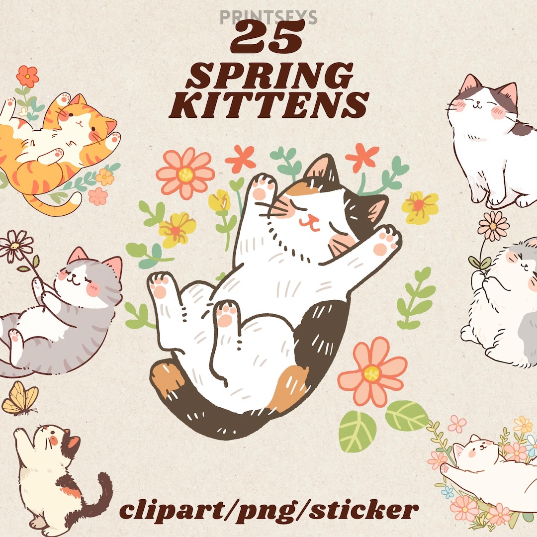 Spring Kittens Digital Stickers, 2D Flat Floral Cat Clipart, Goodnotes ...