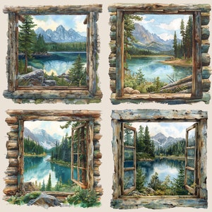Watercolour Lakeside Window Digital Sticker, Cozy Nook Clipart Bundle ...