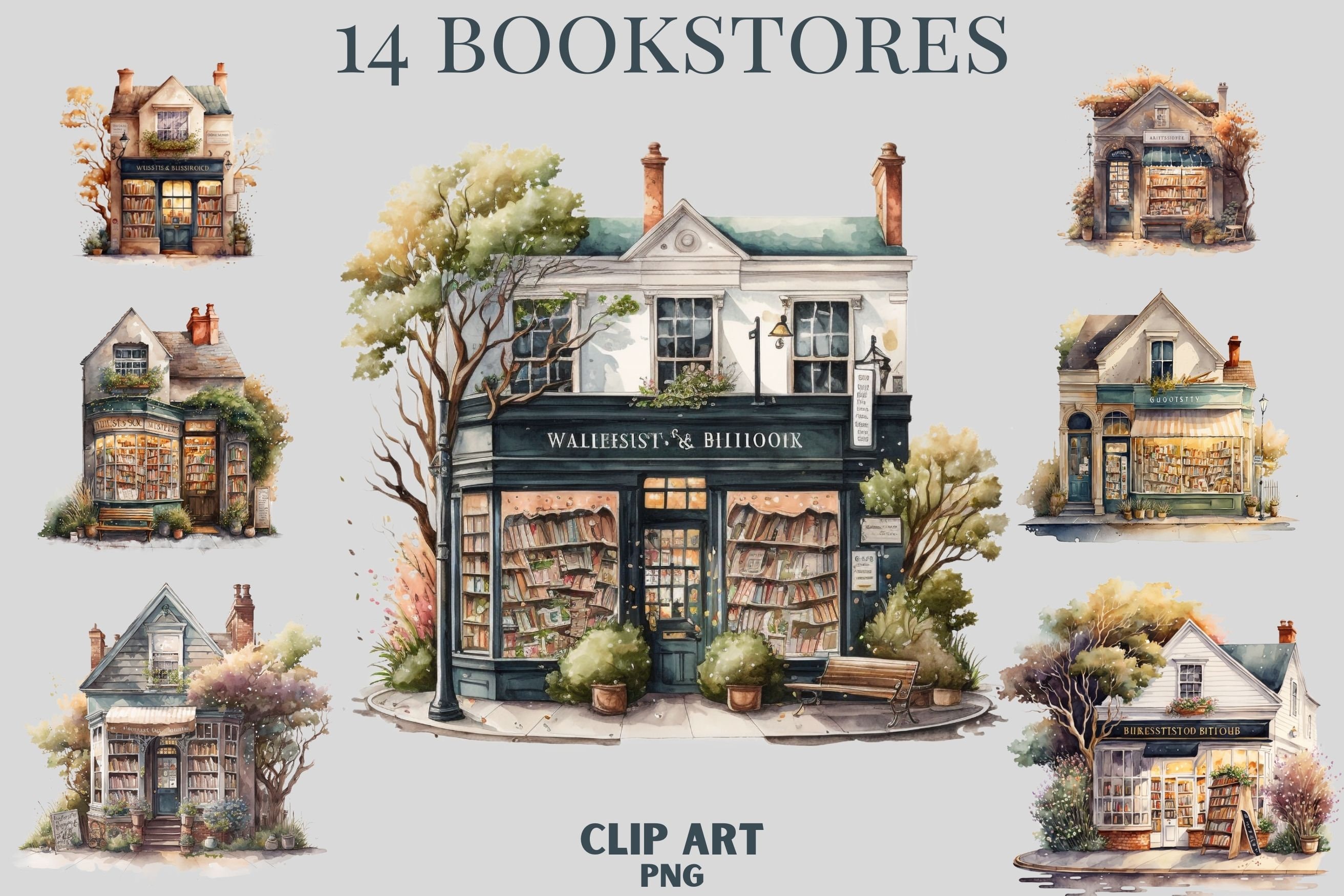 Bookstore Clipart Bundle, Book Shop , Watercolour Shop Illustration ...