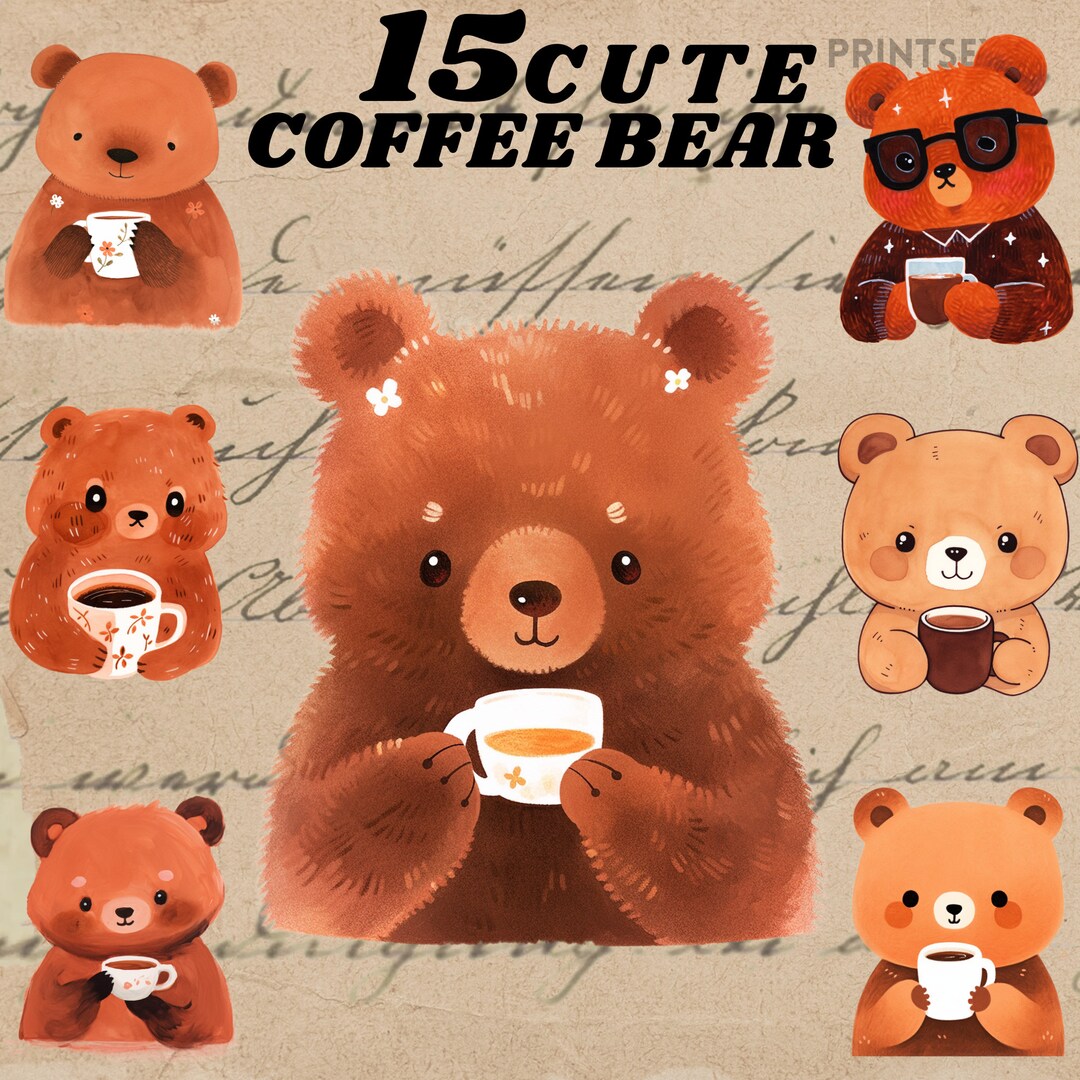 Cute Bear Drinking Coffee Digital Stickers,bear Png, Cute Bear Clipart ...