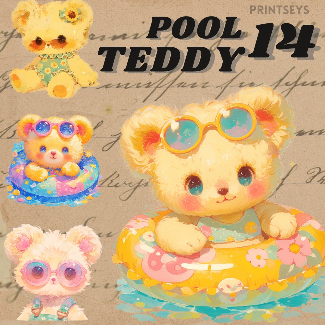 Cute Teddy Bear Pool Time Digital Sticker, Vintage Summer Clipart ...