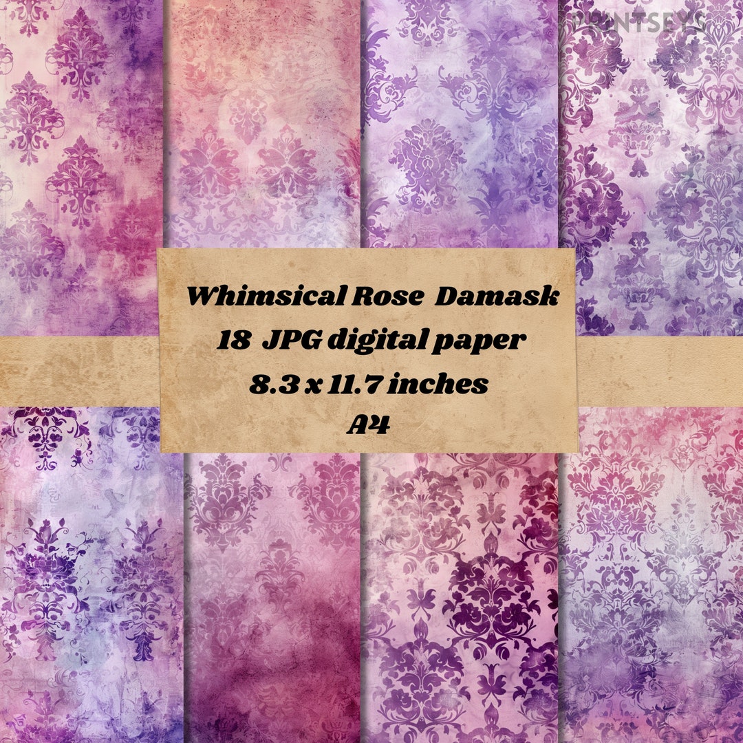 Distressed Rose Damask Digital Paper, Rustic Vintage Textured Paper ...