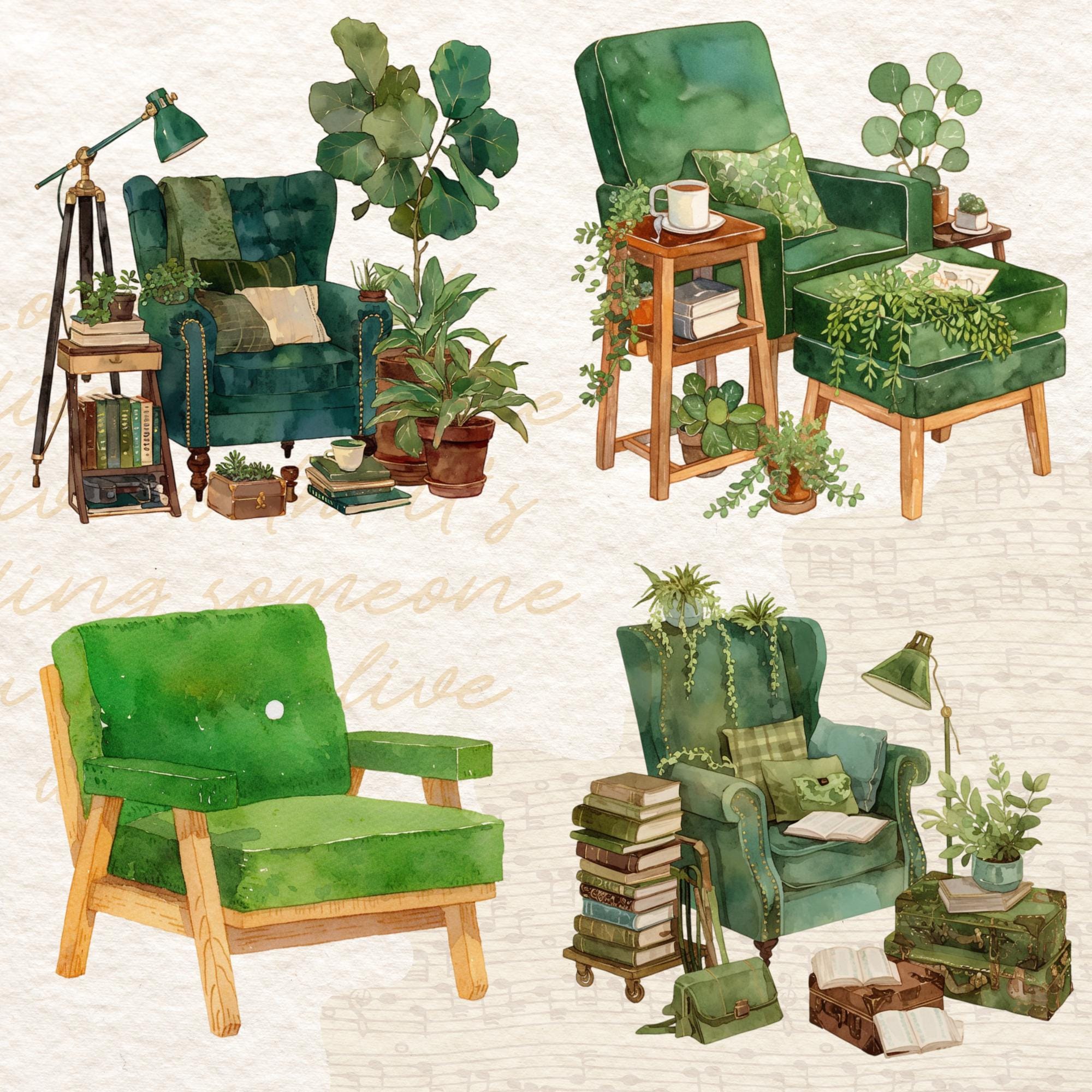 Watercolour Cozy Armchair Clipart Set , Cozy Houseplant Sticker Bundle ...