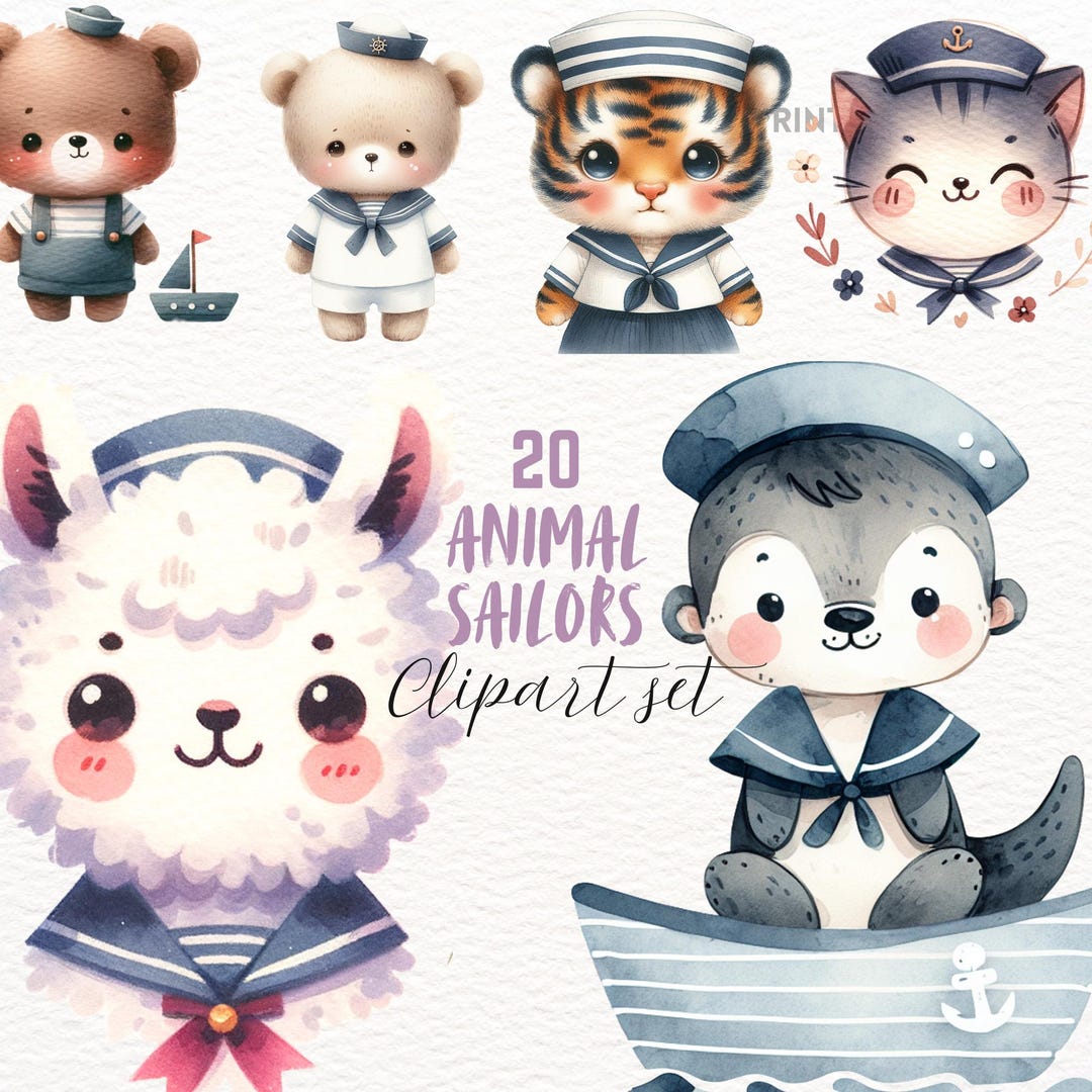 Cute Animal Sailors Clipart Set, Cute Sailors Animals Stickers, Kawaii ...
