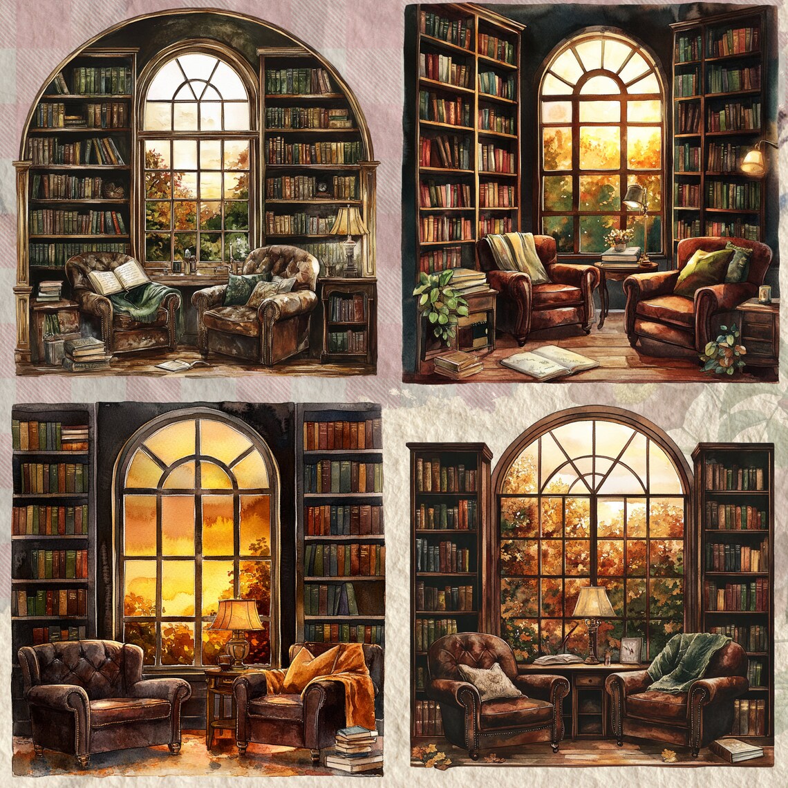 Watercolour Autumn Library Clipart Bundle, Cozy Autumn Reading Corner ...