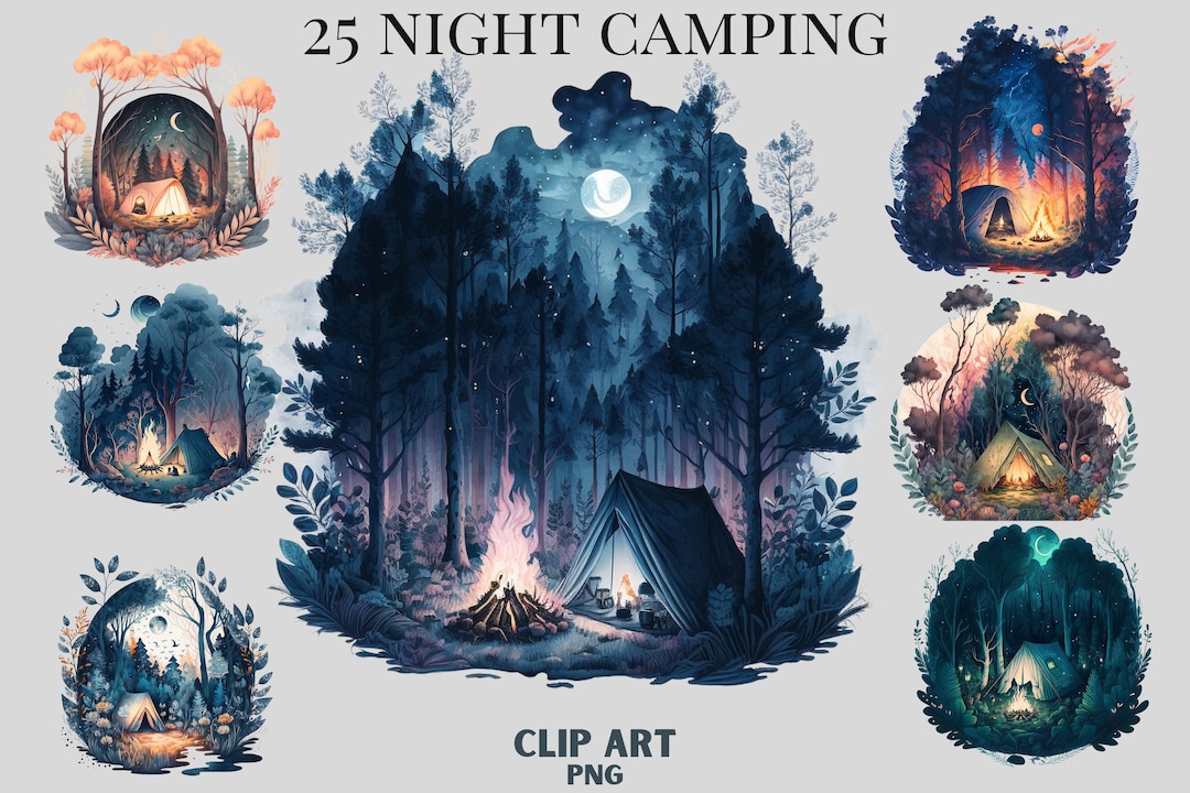 Watercolour Camping at Night Clipart Bundle, Tents, Camping, Hiking ...