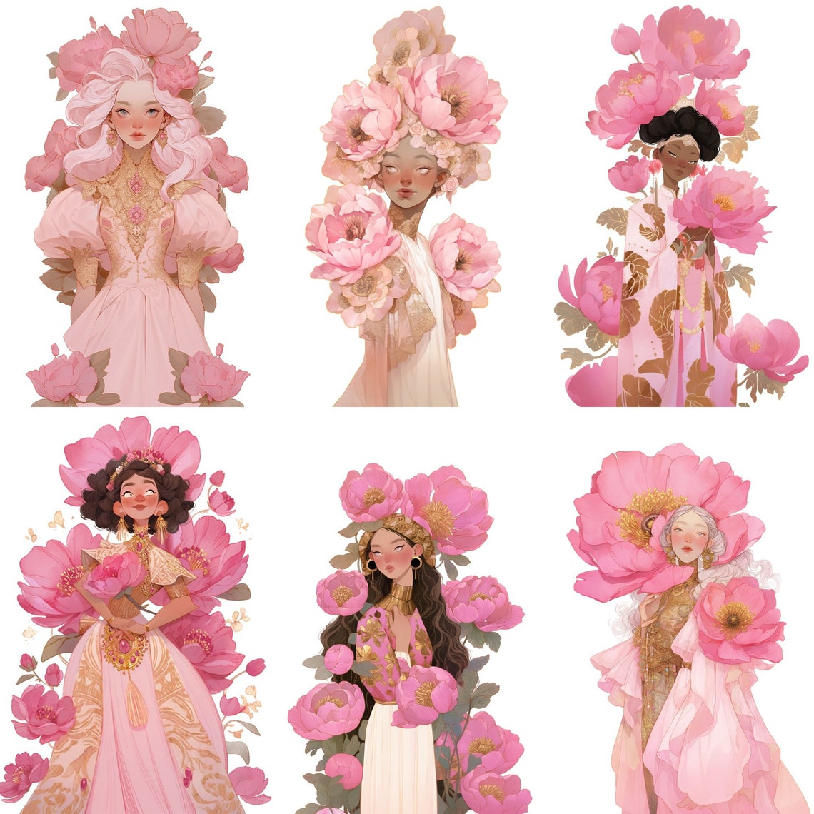 Stunning Peony and Gold Princess Clipart Bundle, Royalcore Png, Peonies ...