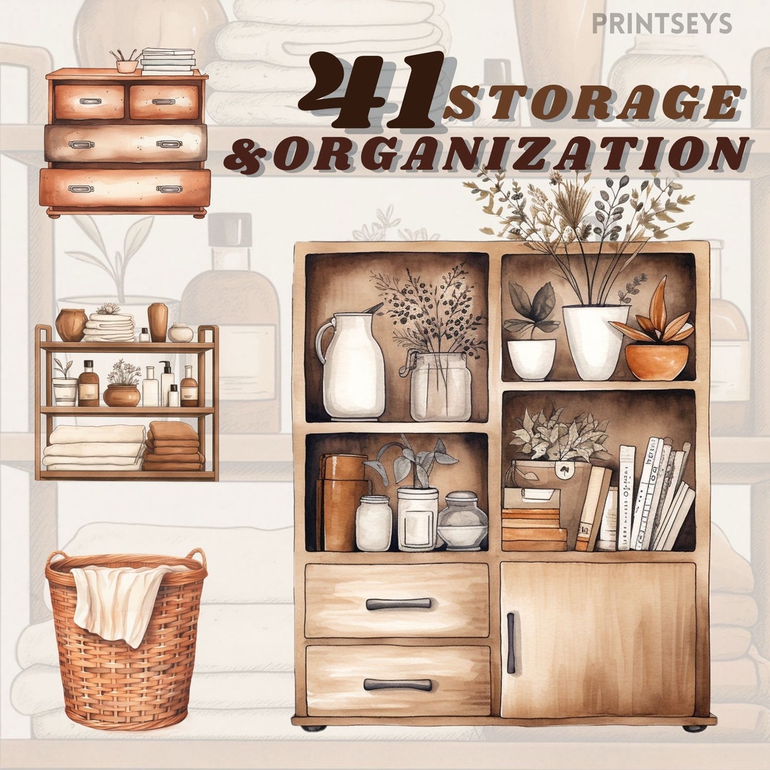 Watercolour Storage and Organization Clipart Bundle, Baskets,boxes and ...
